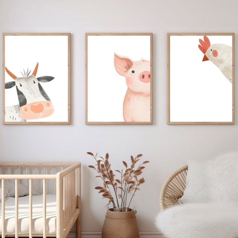 Adorable Peek-a-boo Farm Animals Nursery Wall Art Set: Cow, Chicken ...