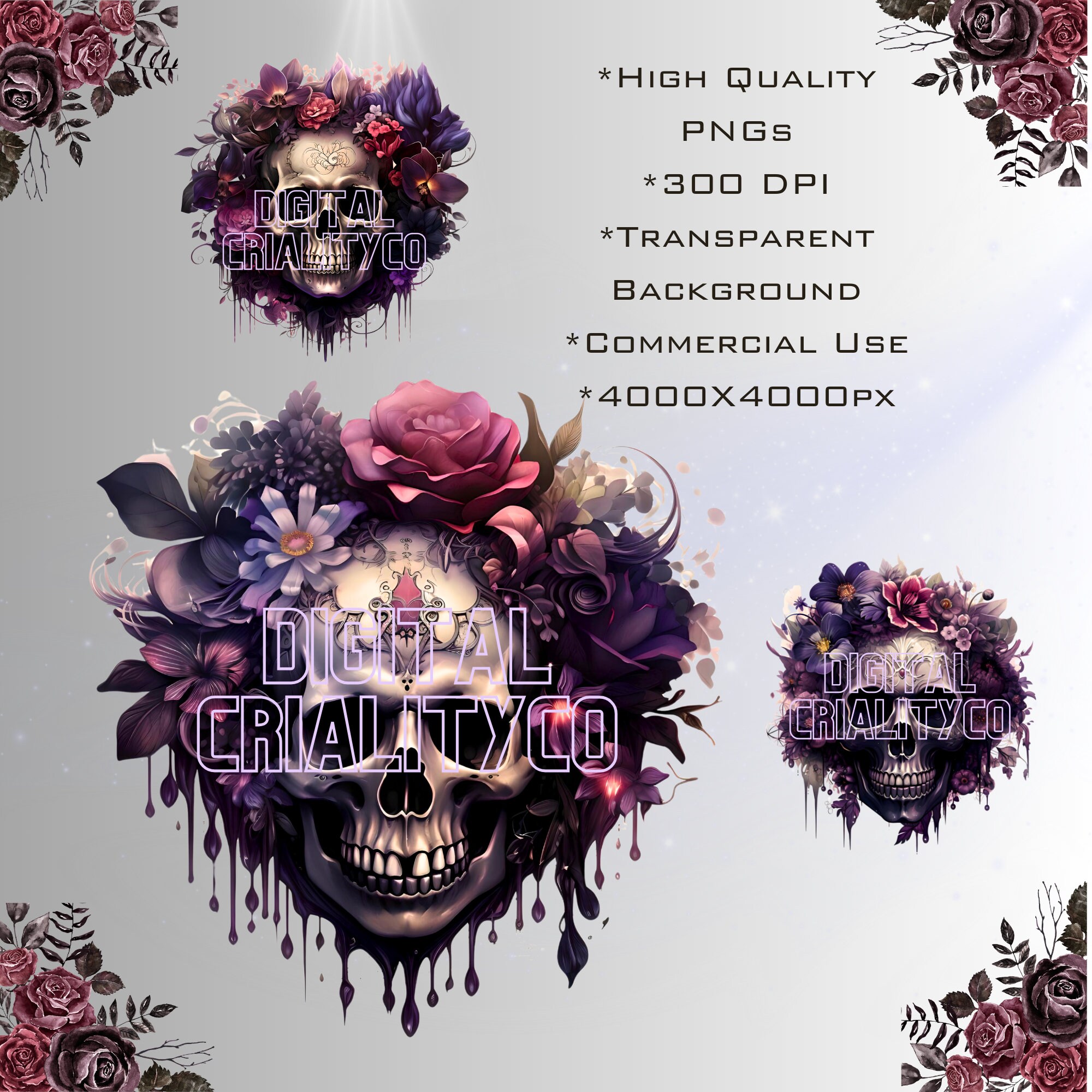 Gothic Skull Clipart Bundle Flowers Edition - Etsy