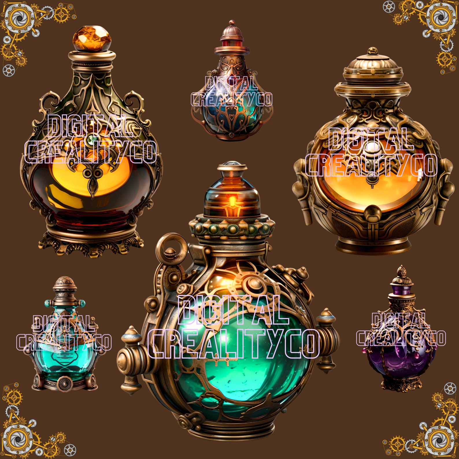 Steampunk Elixir Bottle Clipart Bundle Brass Edition - Etsy
