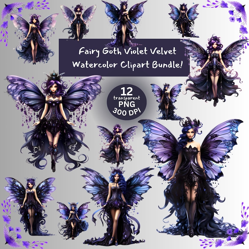Watercolor Digital Clipart Fairy Goth Violet Velvet 12 PNG Bundle! - Etsy
