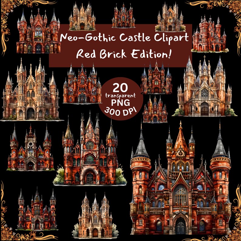 Neo-gothic Castle Clipart Red Brick Edition! - Etsy