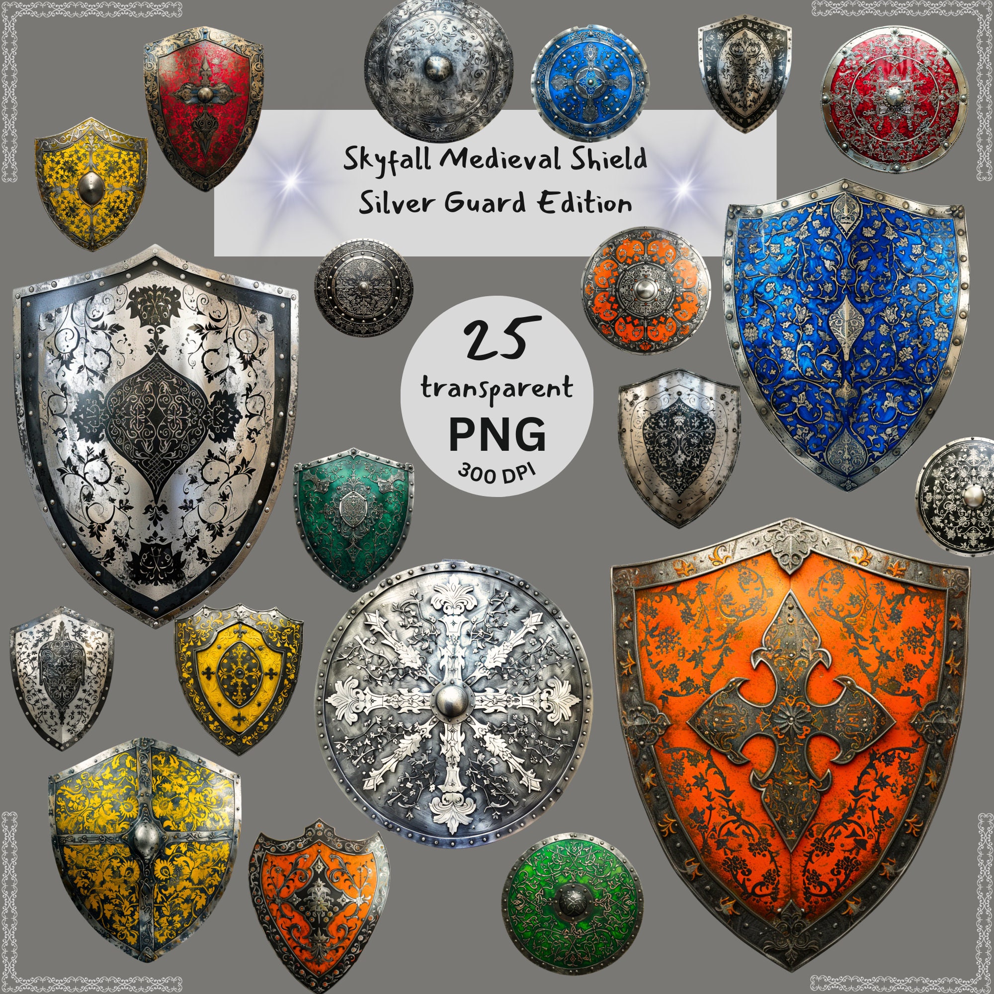 Skyfall Medieval Shield Clipart Bundle Silver Guard Edition - Etsy