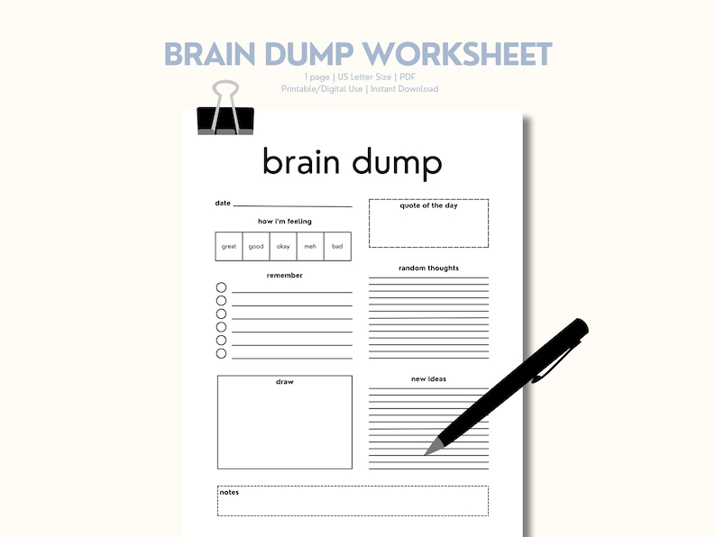 Printable Brain Dump Template Minimalist Daily Tracker Brainstorming ...