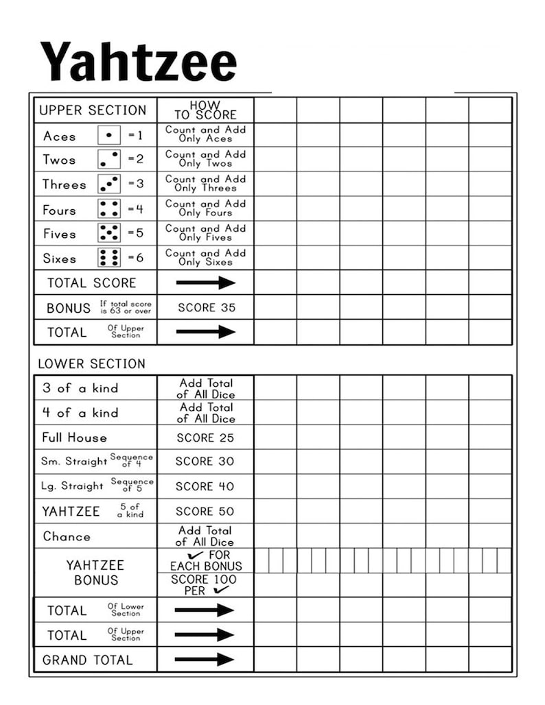 Yahtzee Score Cards - Etsy
