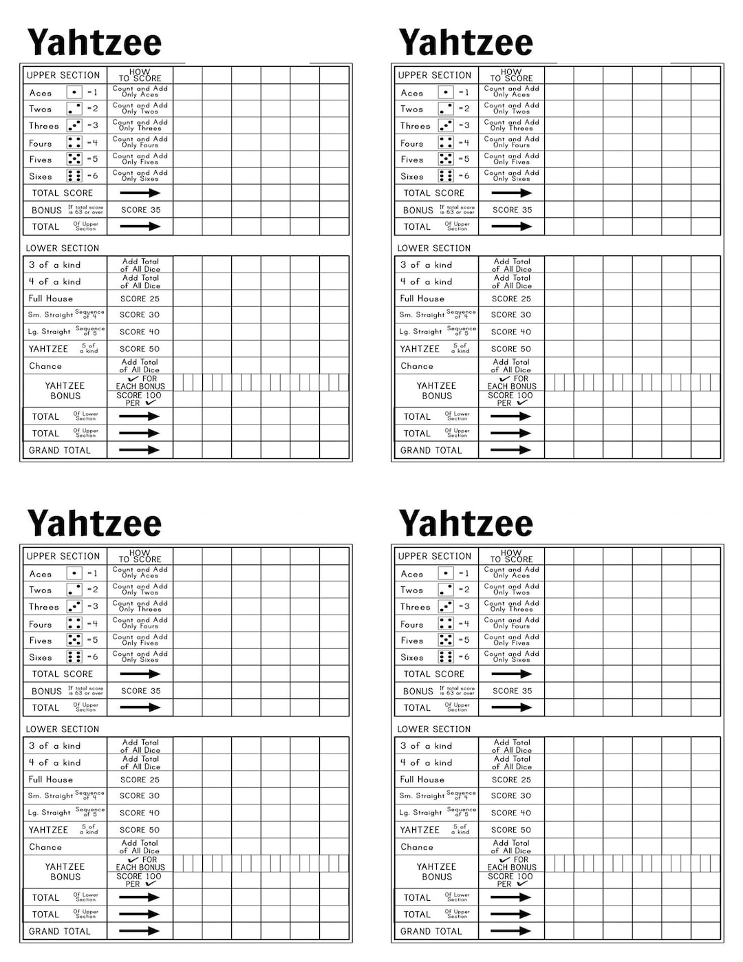 Yahtzee Score Cards - Etsy