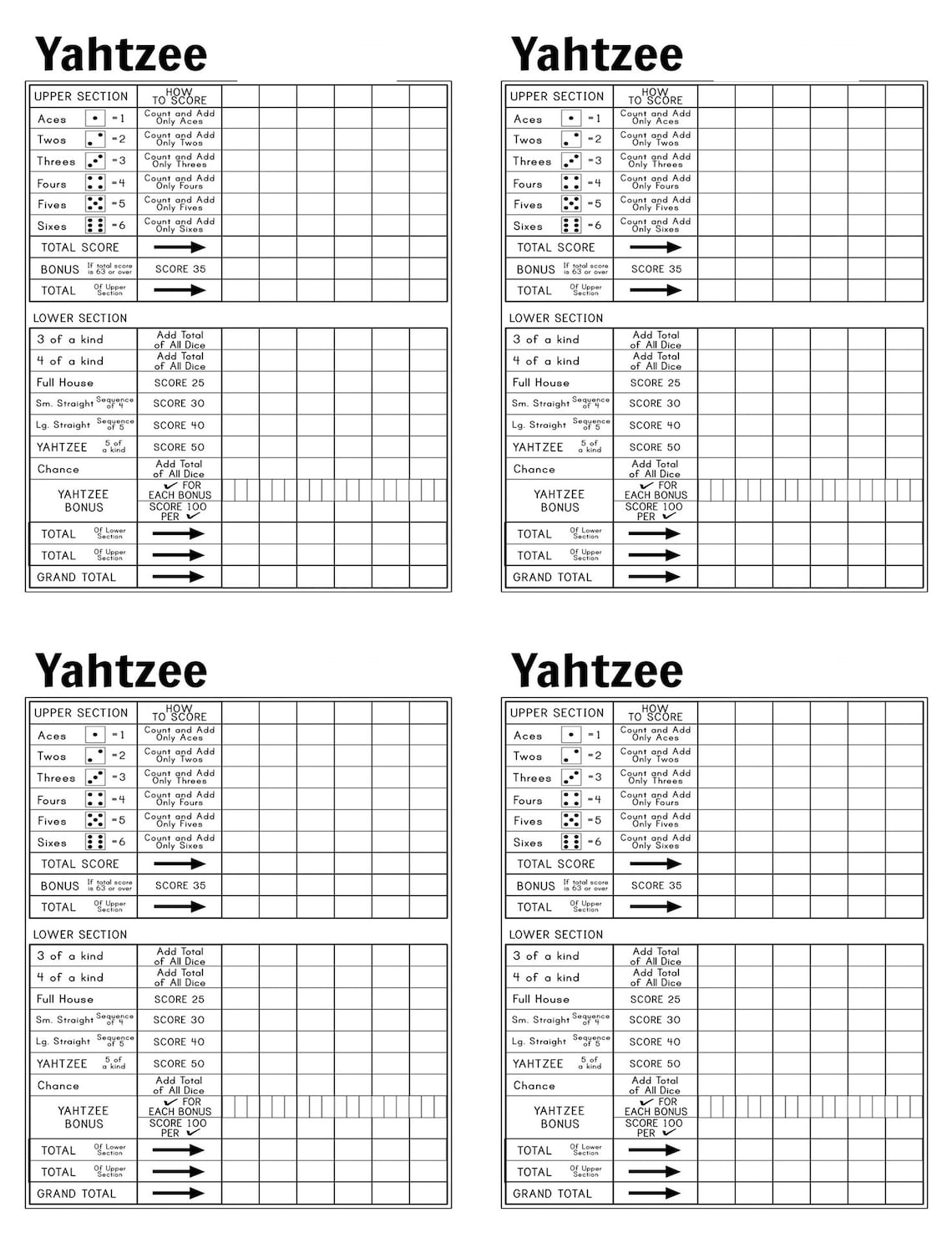 Yahtzee Score Cards - Etsy