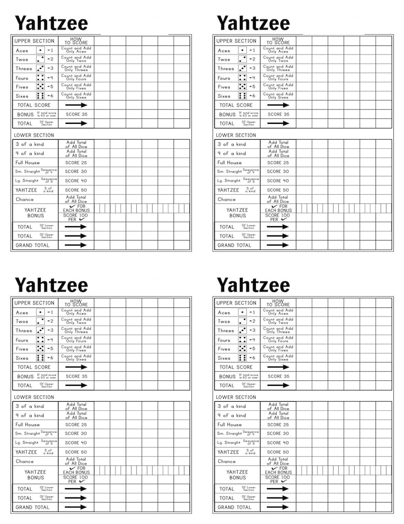Yahtzee Score Cards - Etsy