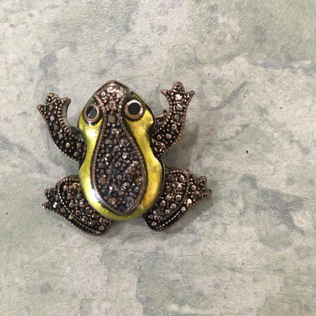 Vintage Toad Frog Brooch Pin, Yellow Green Silver Tone and Rhinestone ...