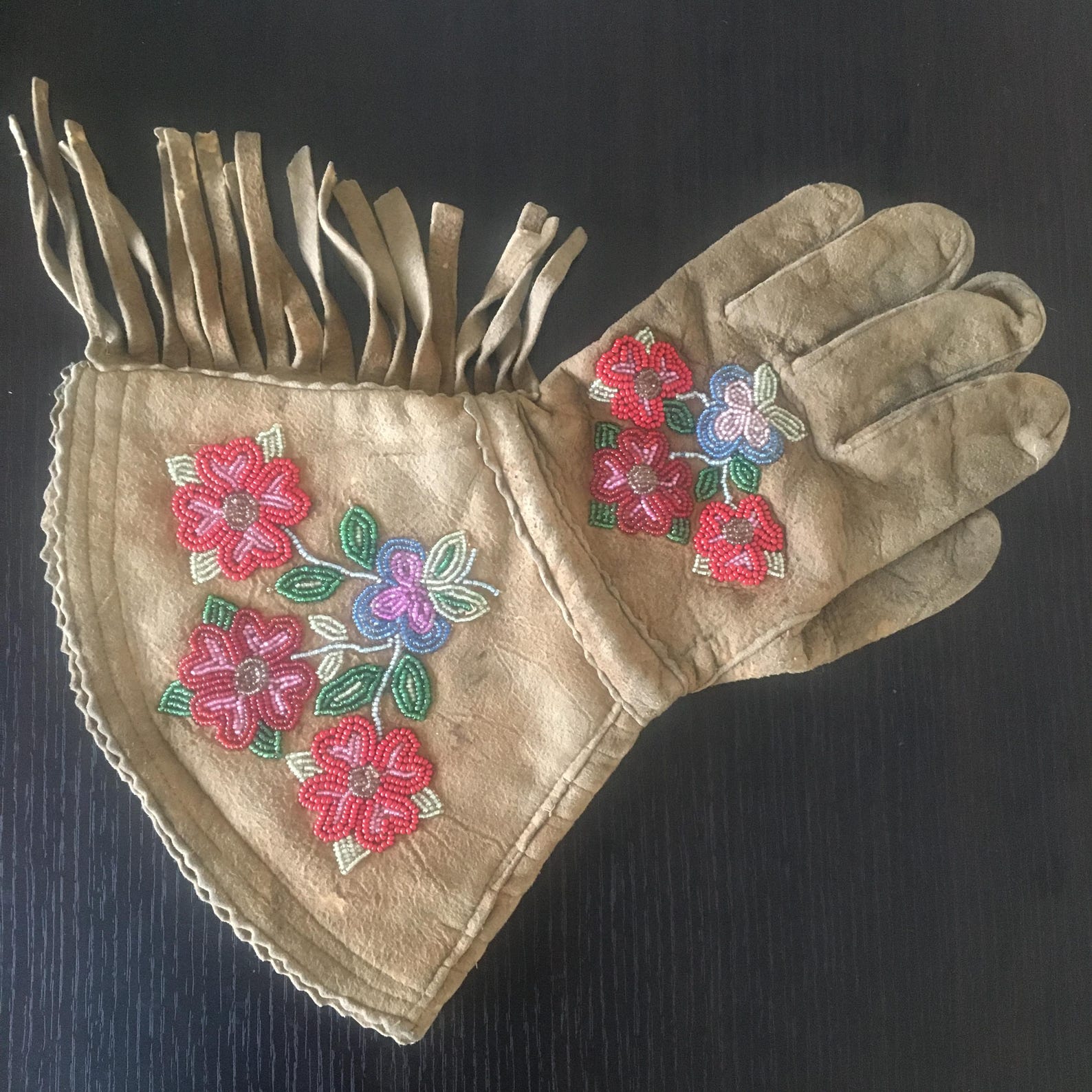 Antique Native American Indigenous Beaded Hide Gauntlet Gloves - Cree ...