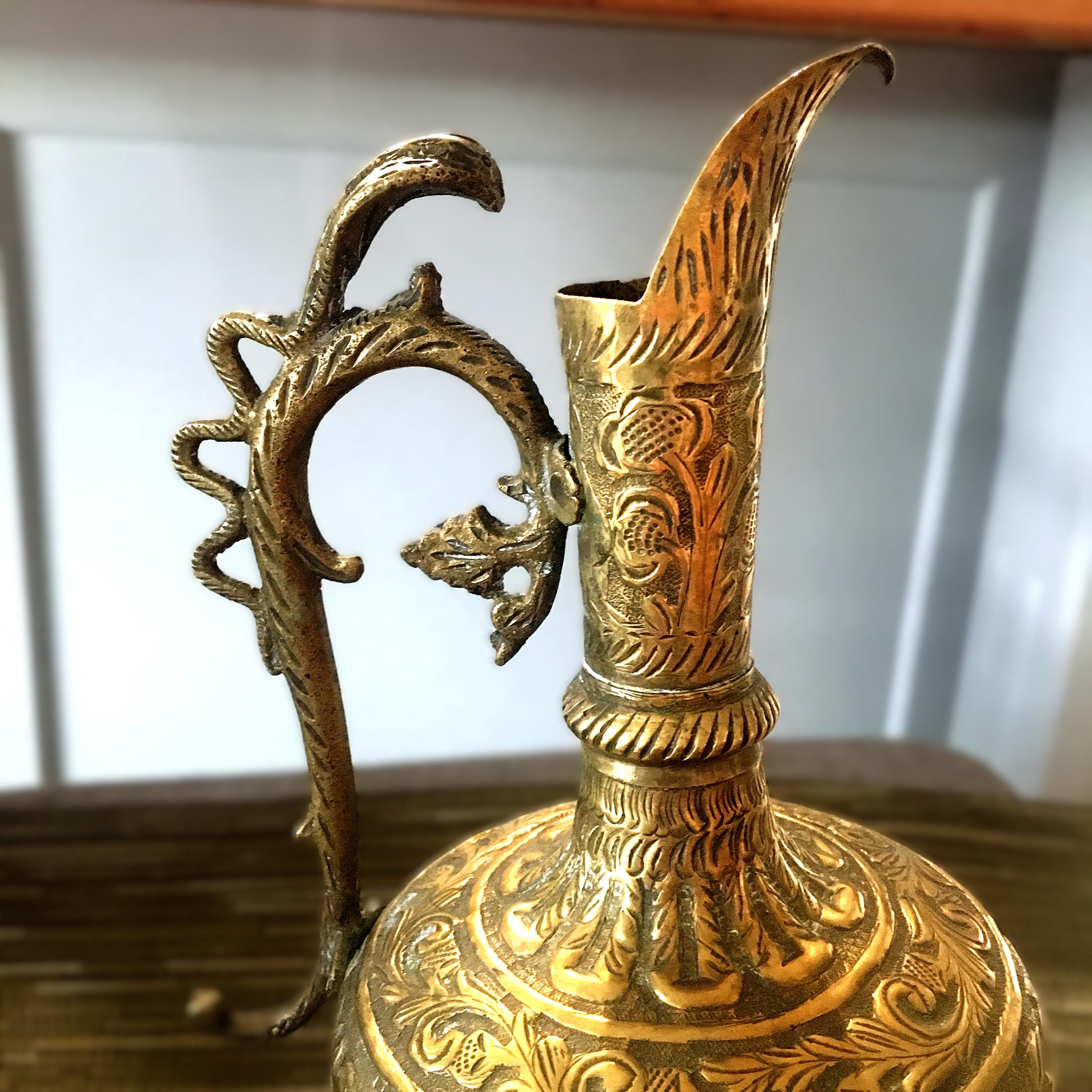 Antique Brass Ewer Pitcher Carafe With Snake Handle. Rare Unique Hand ...