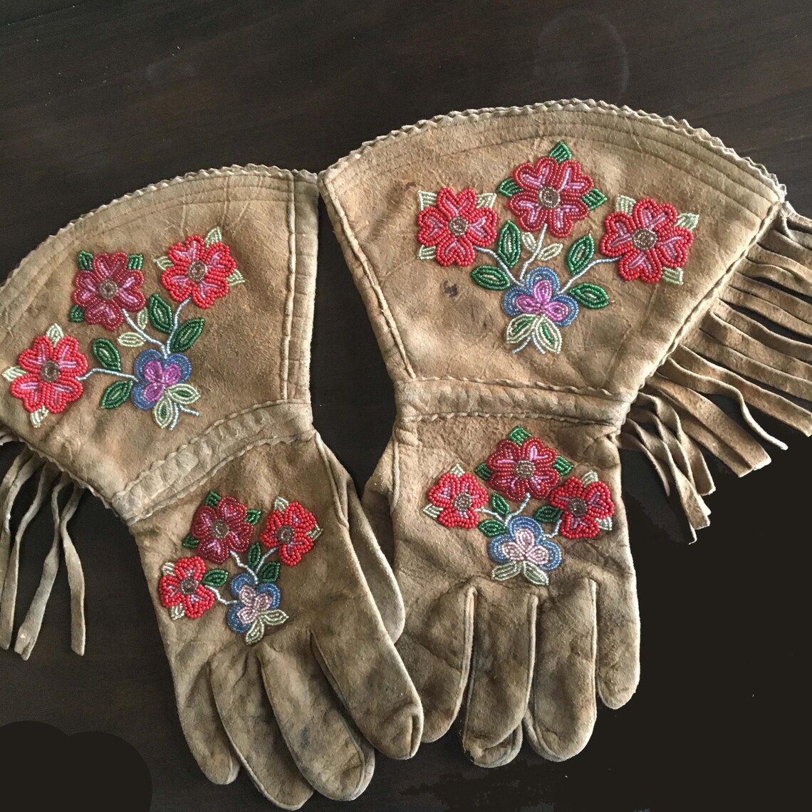 Antique Native American Indigenous Beaded Hide Gauntlet Gloves - Cree ...
