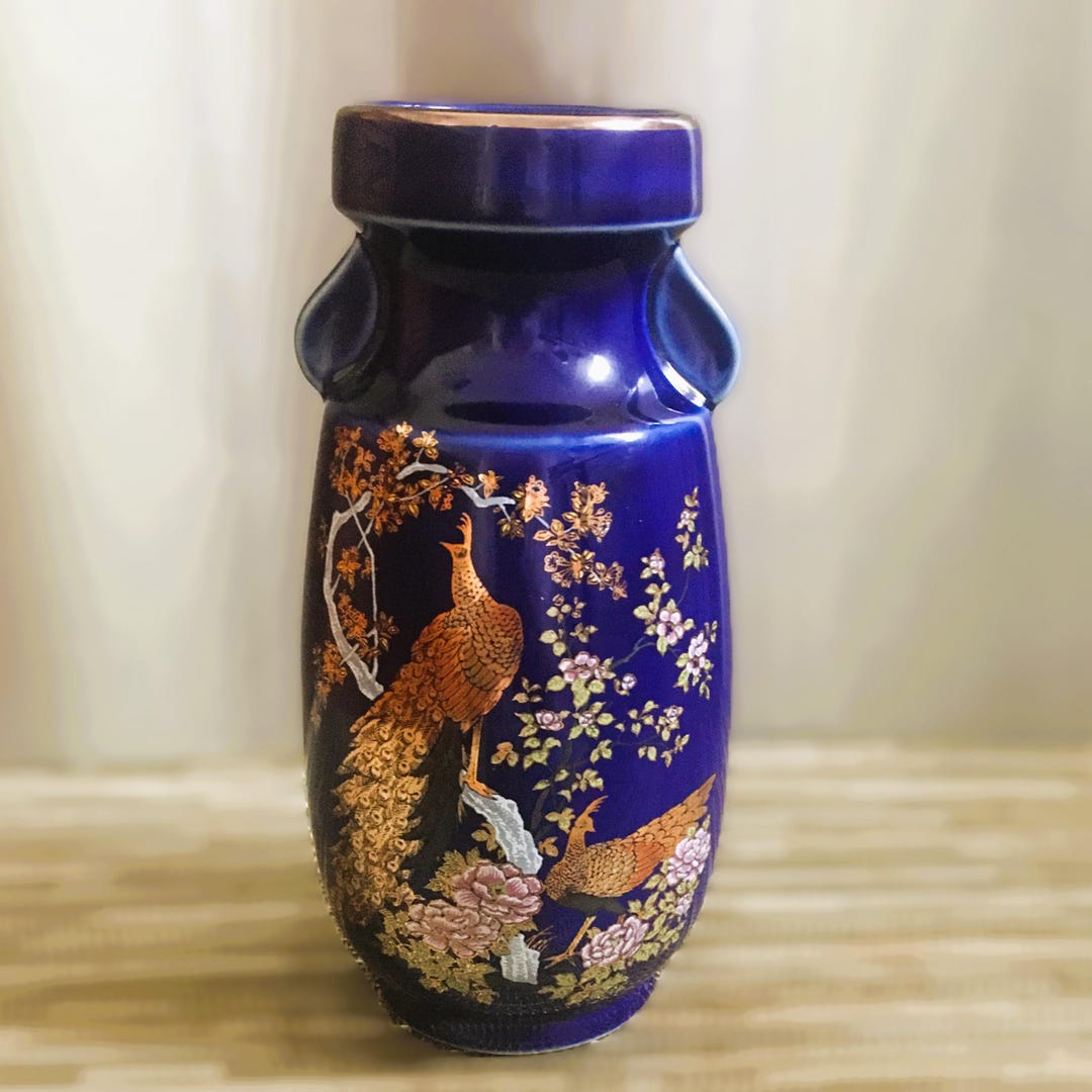 Vintage Japanese Kutani Bijutsu Toki Porcelain Cobalt Blue Peacock Urn ...