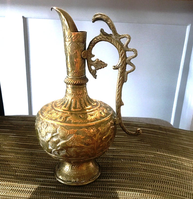 Antique Brass Ewer Pitcher Carafe With Snake Handle. Rare Unique Hand ...