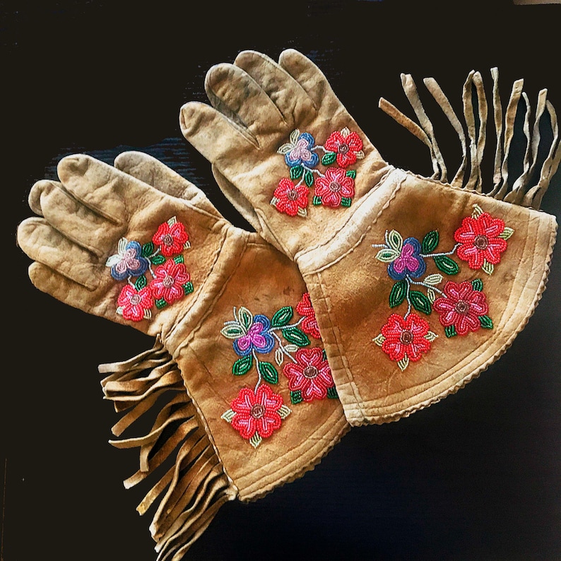 Antique Native American Indigenous Beaded Hide Gauntlet Gloves - Cree ...