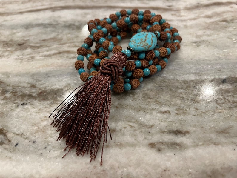Mala Necklace Bodhi Tree Seeds and Turquoise Guru Bead Tassel Necklace ...