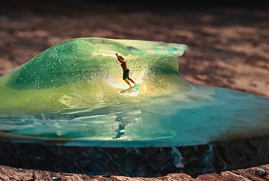 Handcrafted Birch Wood Surfing Lamp With Golden Oak Stain Realistic ...