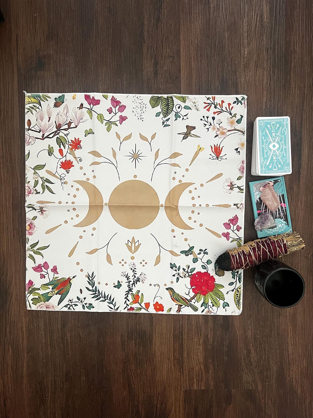 White & Gold Moon Tarot Cloth – Botanical Altar Mat for Tarot Readings ...