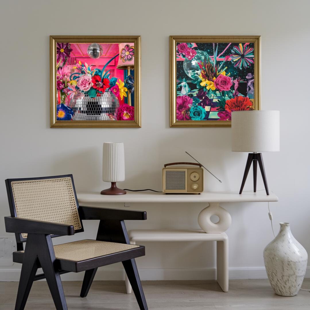 Disco Bloom Art Prints (set of 2) - Retro Cosmic Floral (digital ...