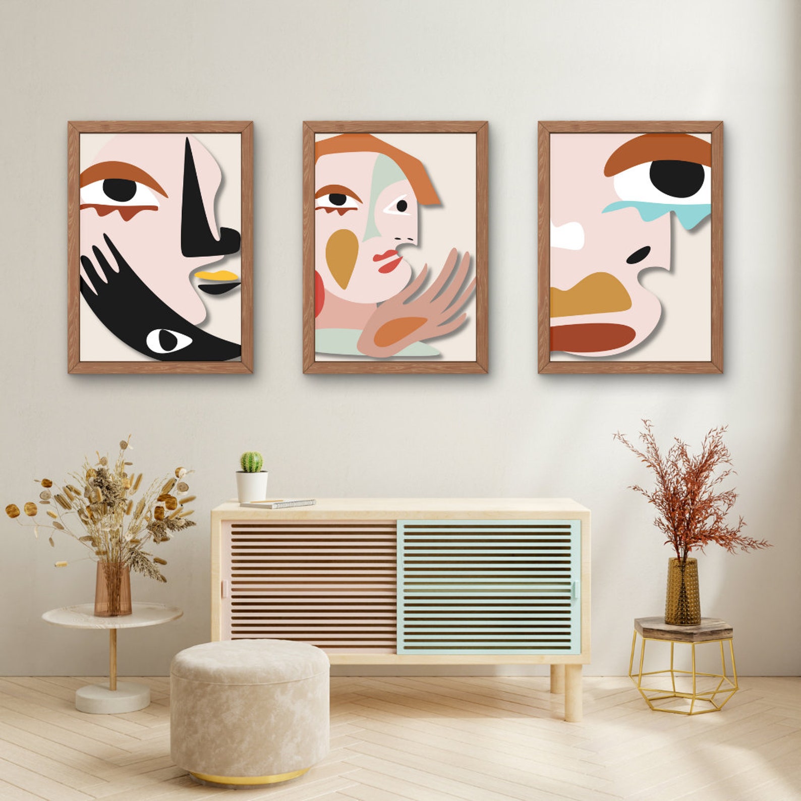 Geometric Face Art Prints Set of Three - Modern Wall Decor - Cubist ...