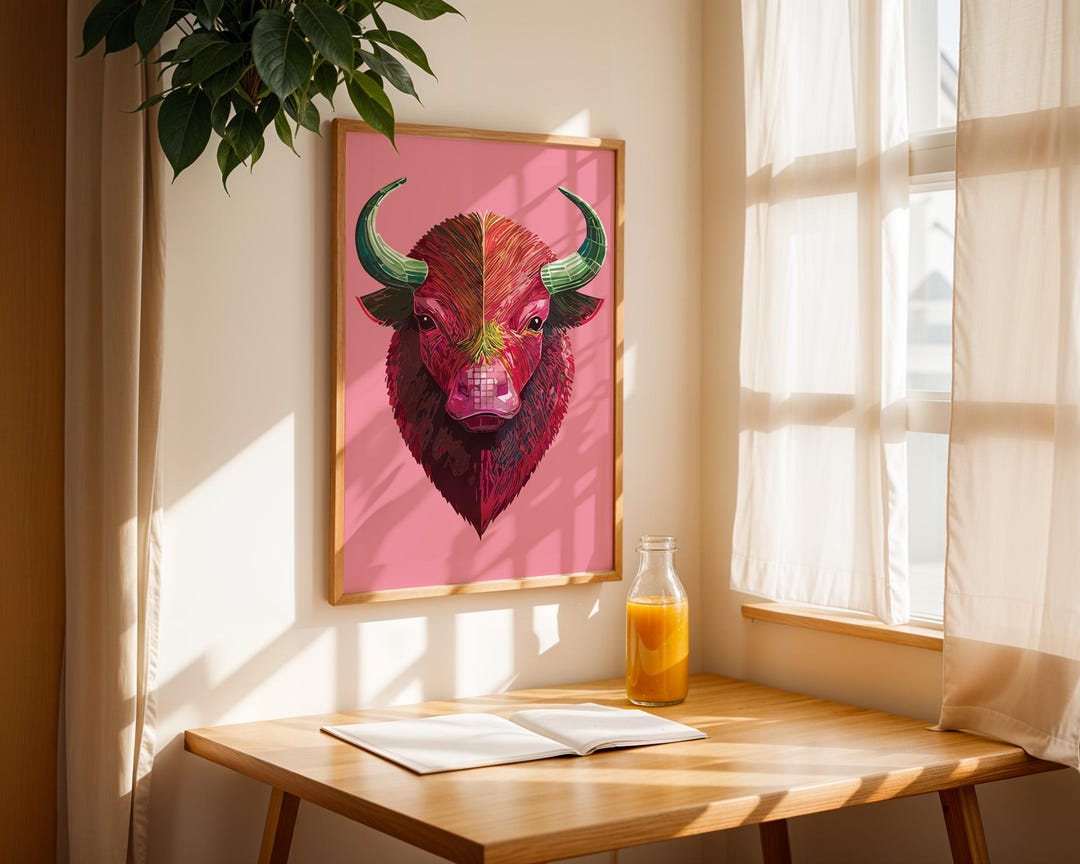 Pink Bull Illustration Print, Digital Downloadable Wall Art, Trendy ...