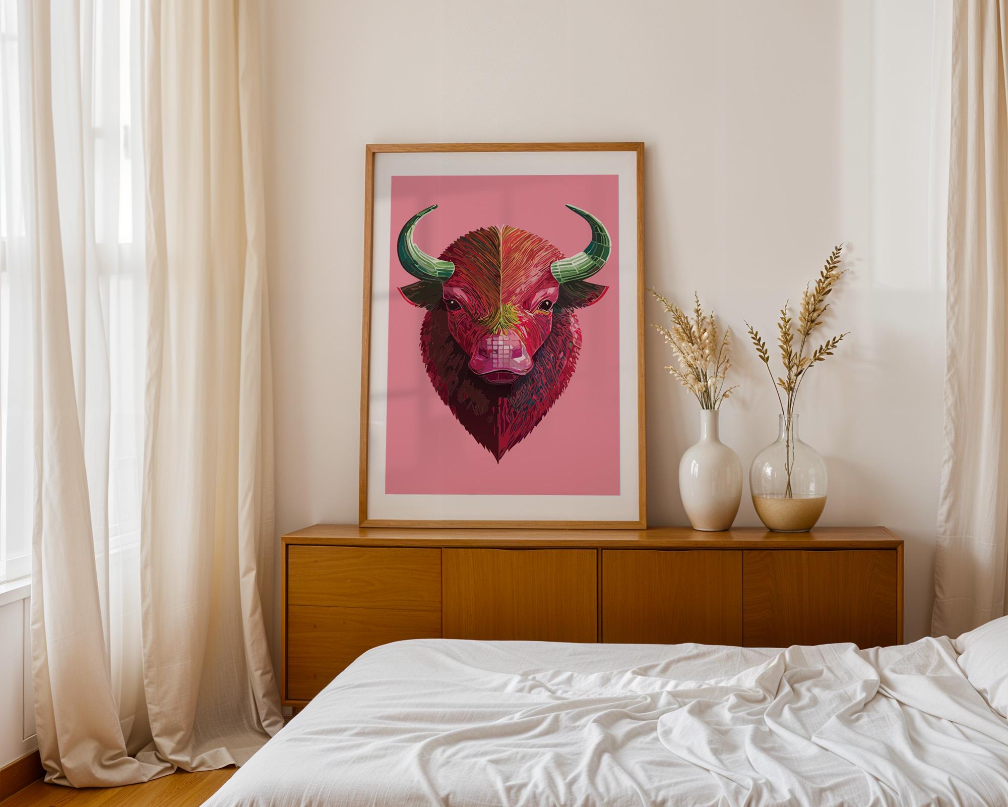Pink Bull Illustration Print, Digital Downloadable Wall Art, Trendy ...