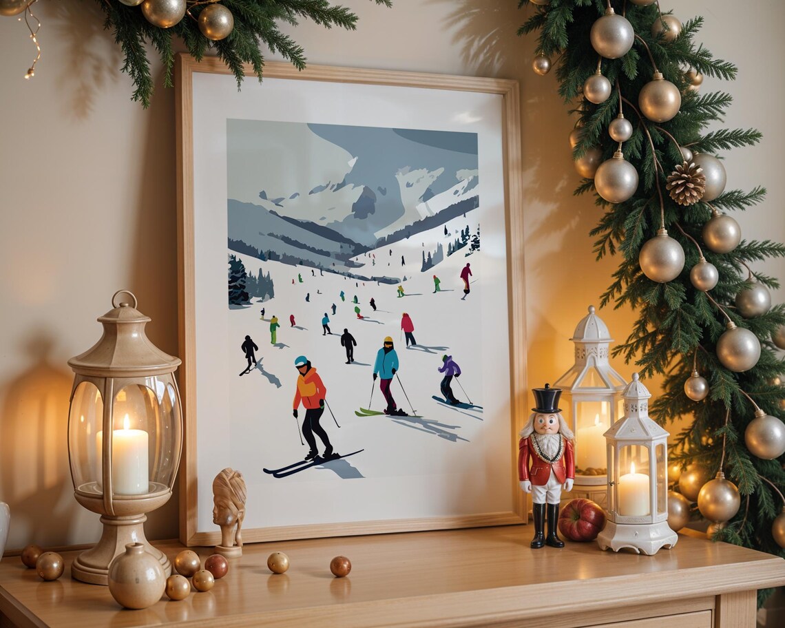 Skiing Scene Illustration Print | Abstract Mountain Wall Art (digital ...