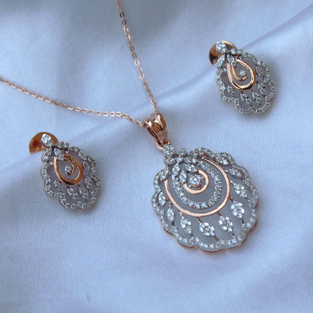 18K Rose Gold Diamond Cluster Pendant & Earrings: IGI Certified Fine ...