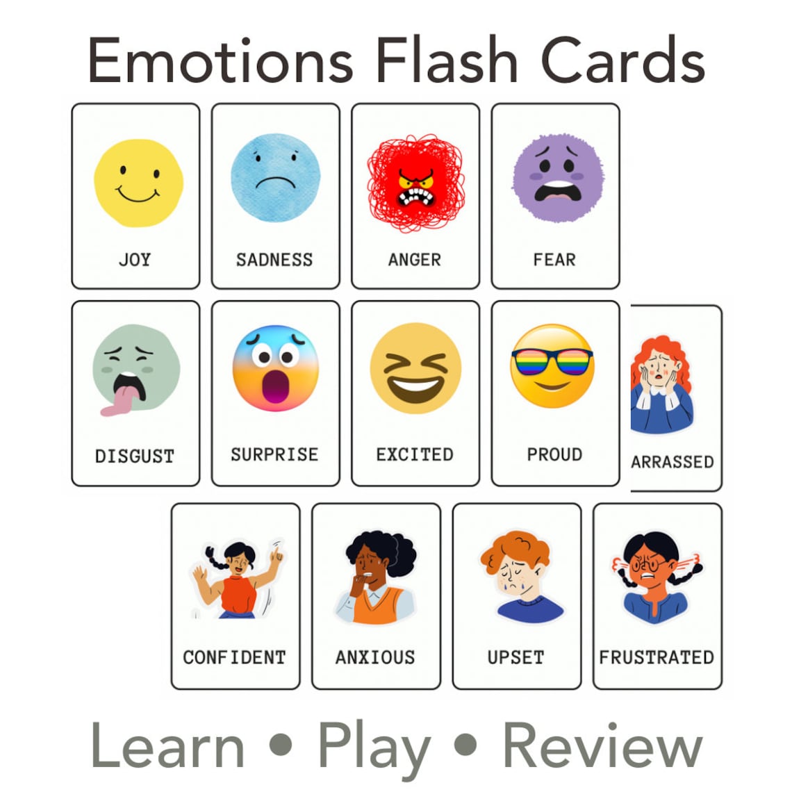 Emotions Flash Cards - Emotions Charades, Learn, Practice, Review - Etsy