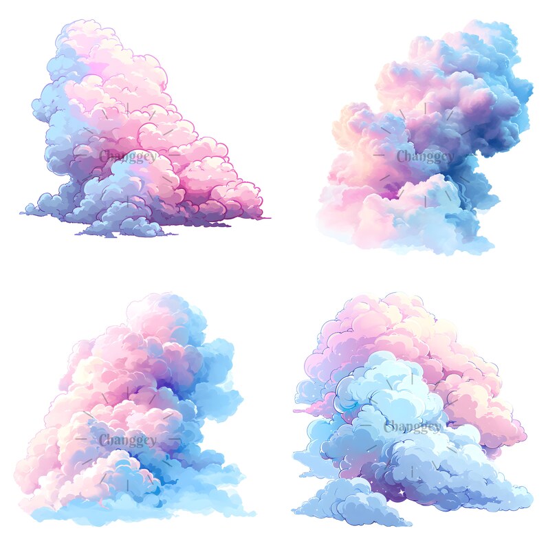 Pastel Cloud Clipart Set, Pastel Clouds Anime Style, Dreamy Sky ...