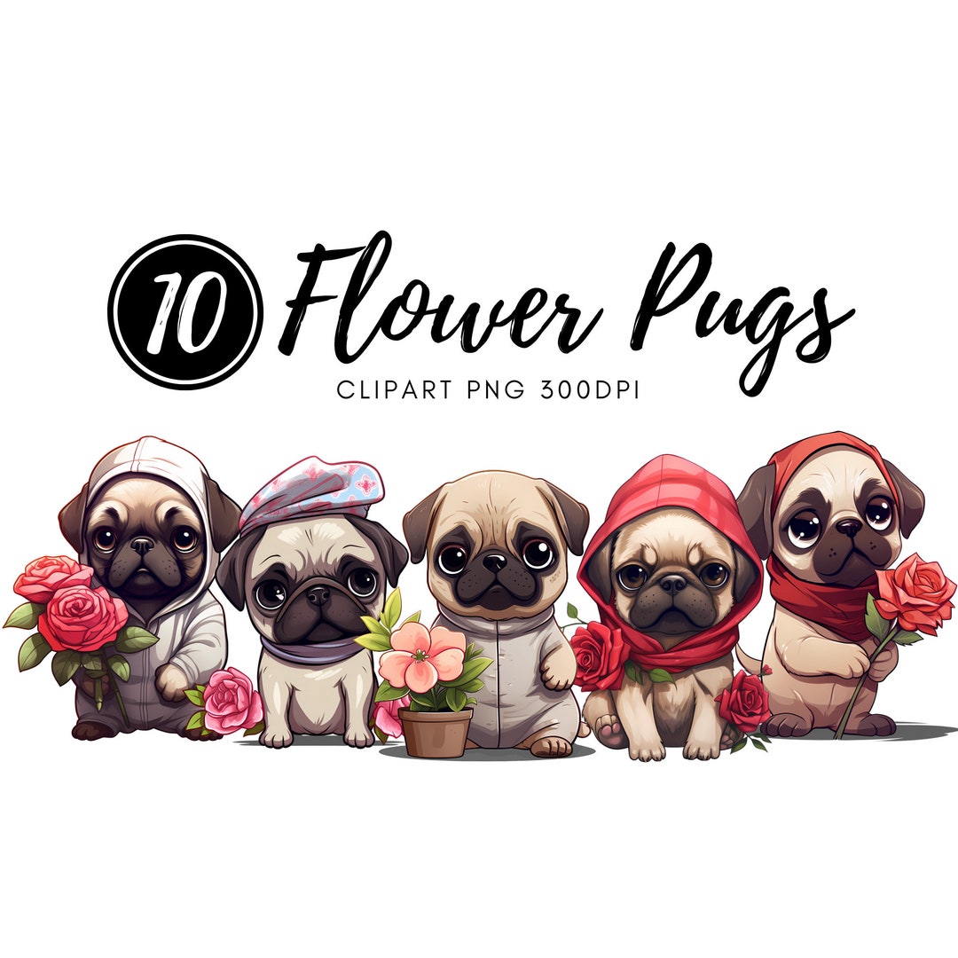 Flower Pug Clipart, Adorable Pugs Clipart for Digital Projects, Digital ...