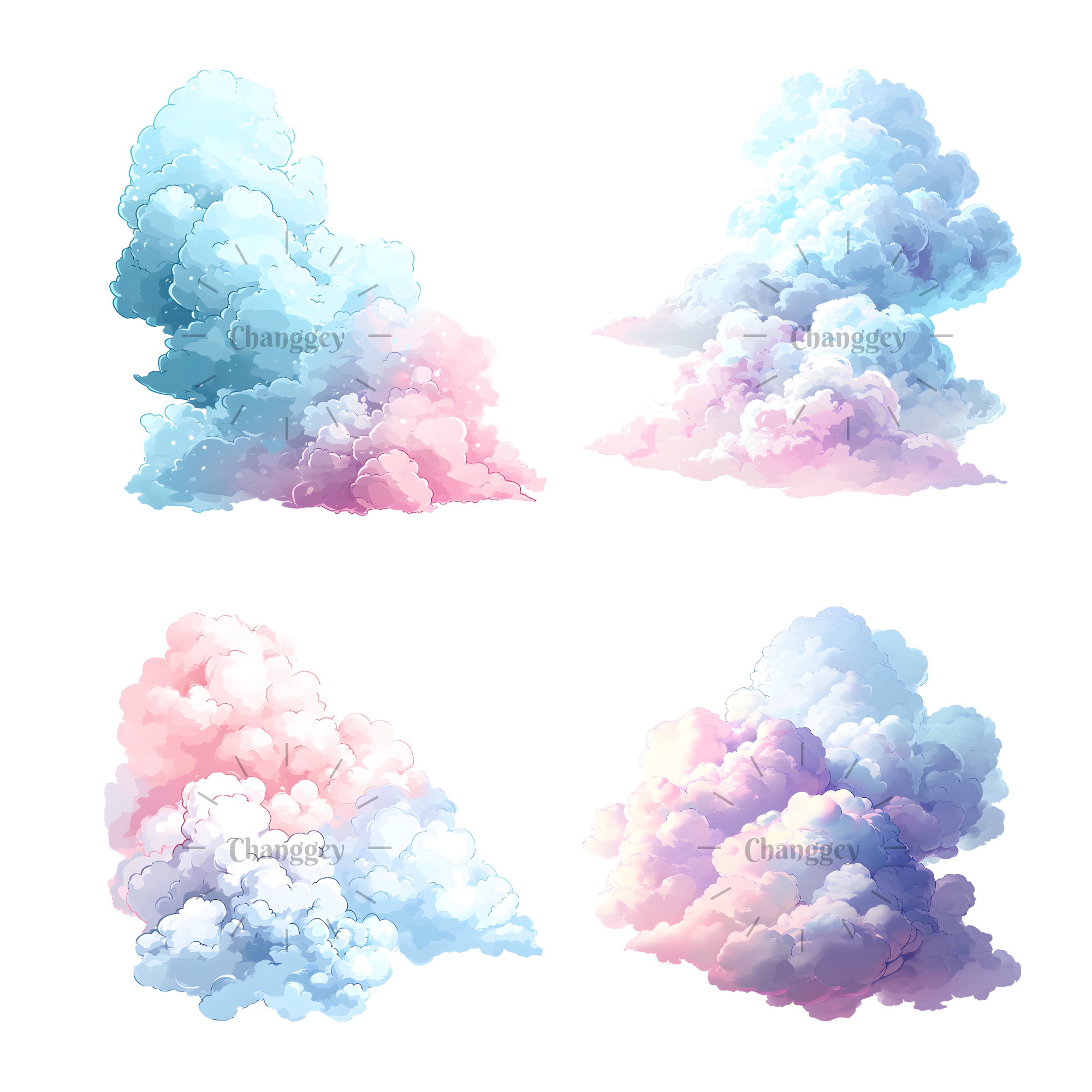 Pastel Cloud Clipart Set, Pastel Clouds Anime Style, Dreamy Sky ...