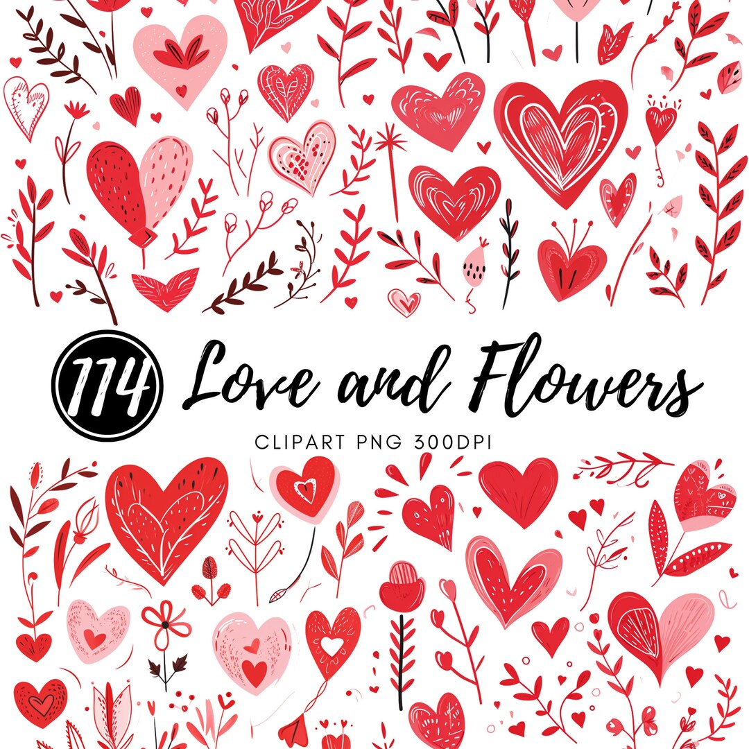 Red Heart Clipart, Valentine's Day, Red Flower, Digital Stickers ...