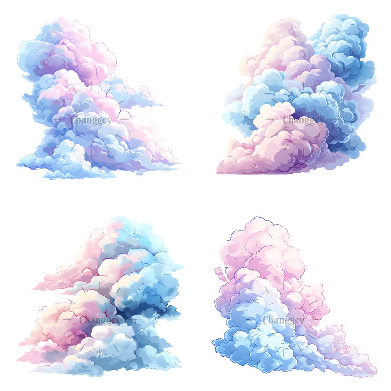 Pastel Cloud Clipart Set, Pastel Clouds Anime Style, Dreamy Sky ...