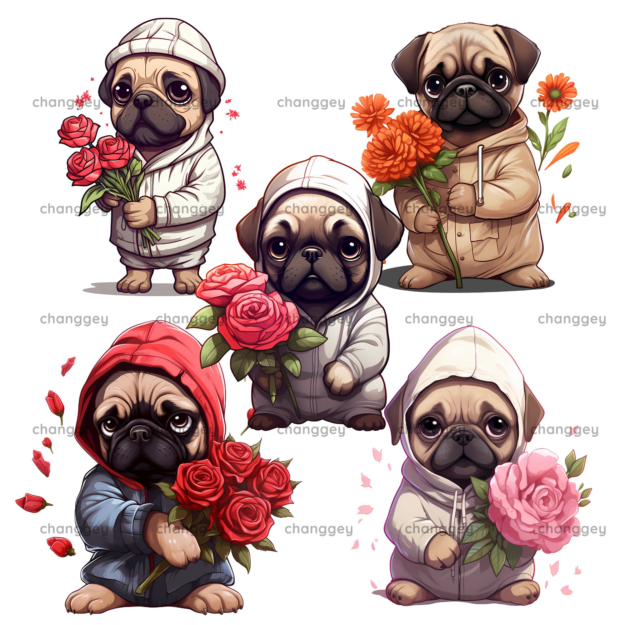 Flower Pug Clipart, Adorable Pugs Clipart for Digital Projects, Digital ...