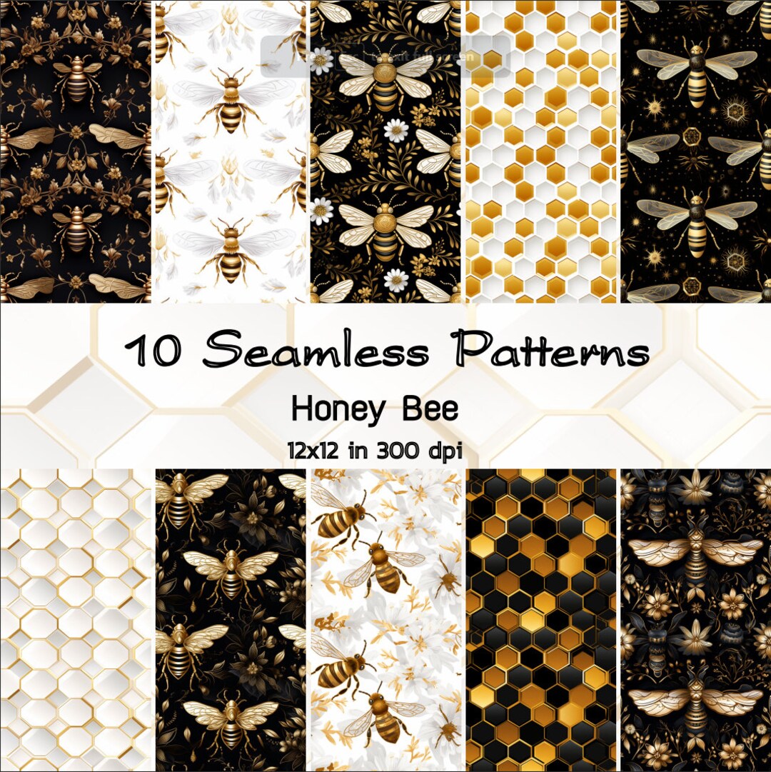 Honey Bee Seamless Patterns, Digital Paper Set of 10, 12x12in 300dpi ...