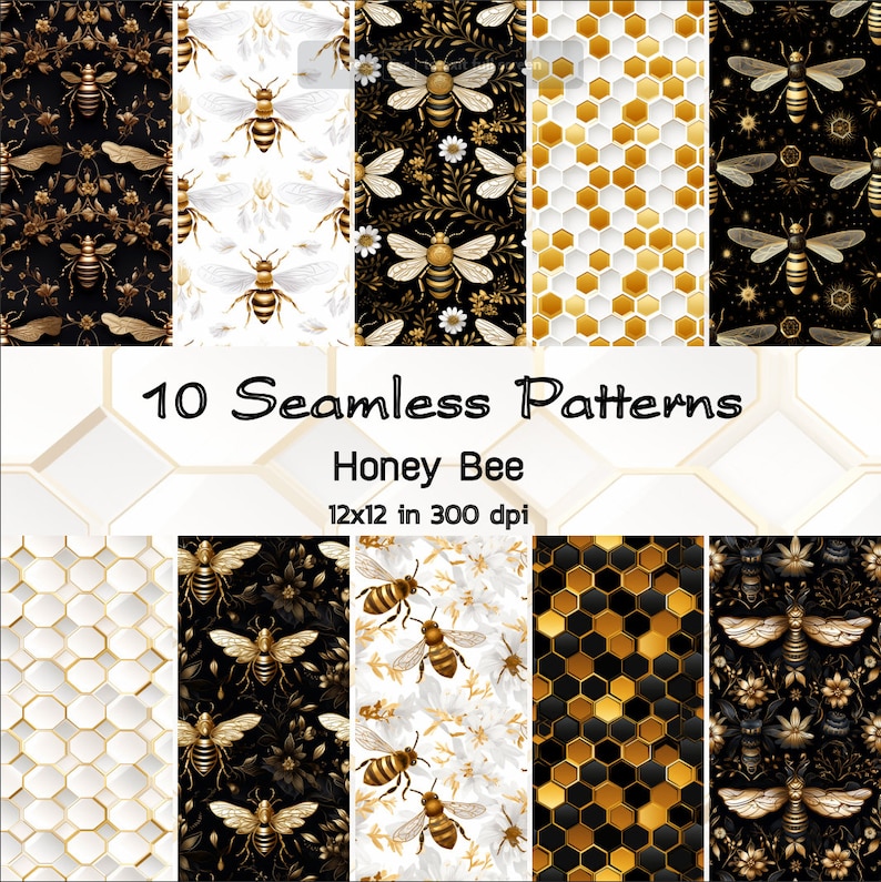Honey Bee Seamless Patterns, Digital Paper Set of 10, 12x12in 300dpi High-quality Digital Art ...