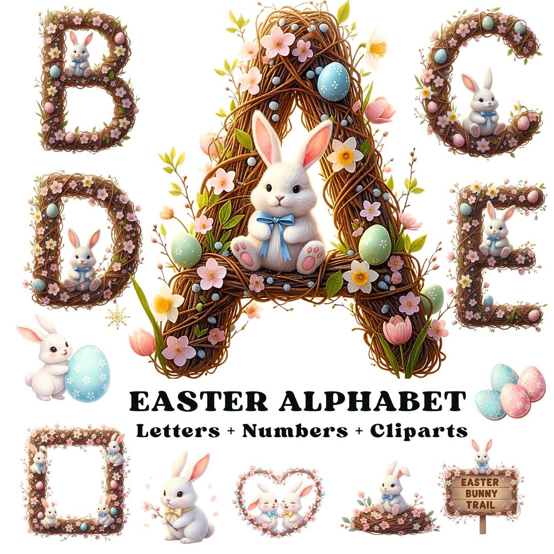 Easter Alphabet PNG Bundle, Bunny Letters A–Z and Numbers, Easter Bunny ...