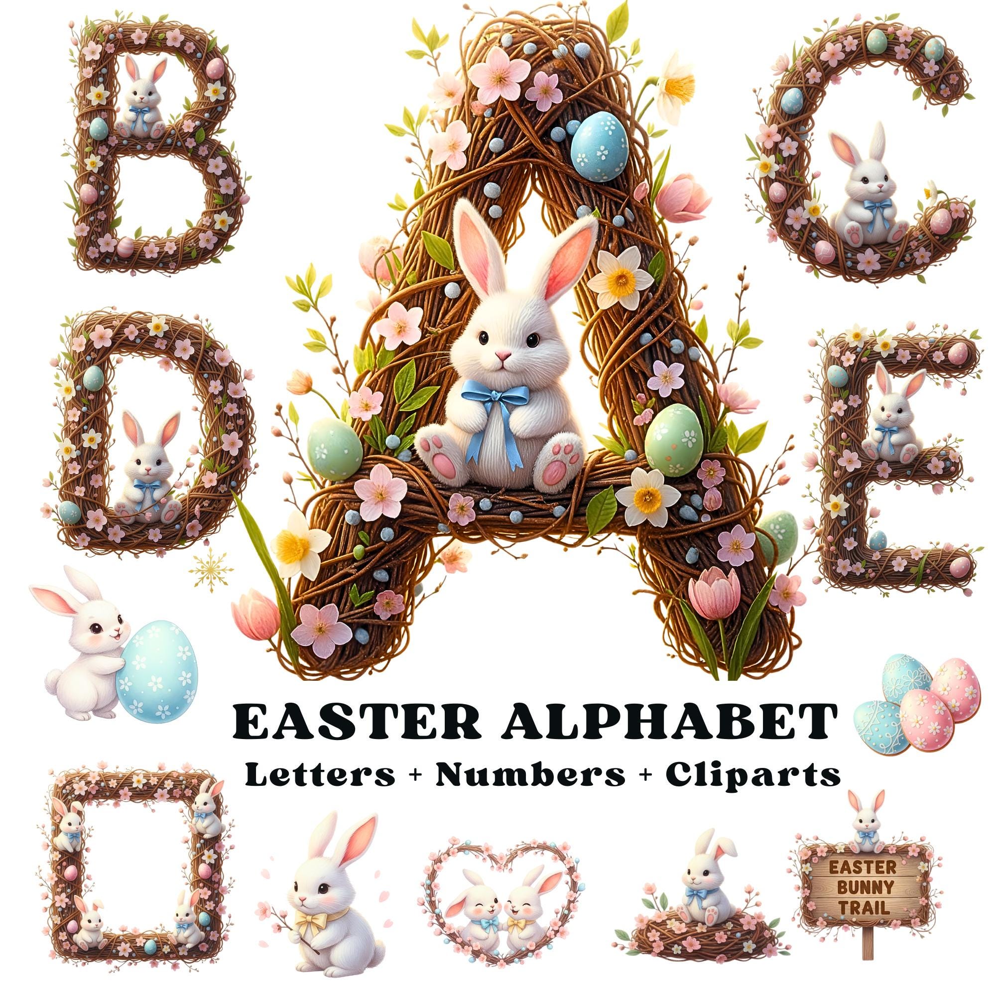 Easter Alphabet PNG Bundle, Bunny Letters A–Z and Numbers, Easter Bunny ...