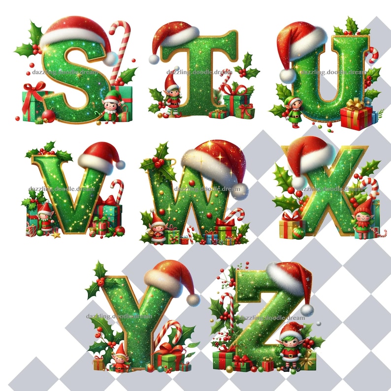 Christmas Elf Alphabet PNG: Glitter Green & Gold Letters (digital ...