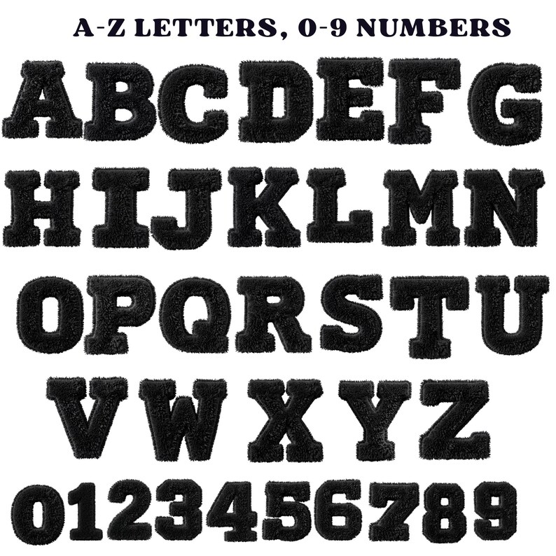 Black Faux Chenille Alphabet PNG, Varsity Patch Letters A–Z, Numbers 0 ...