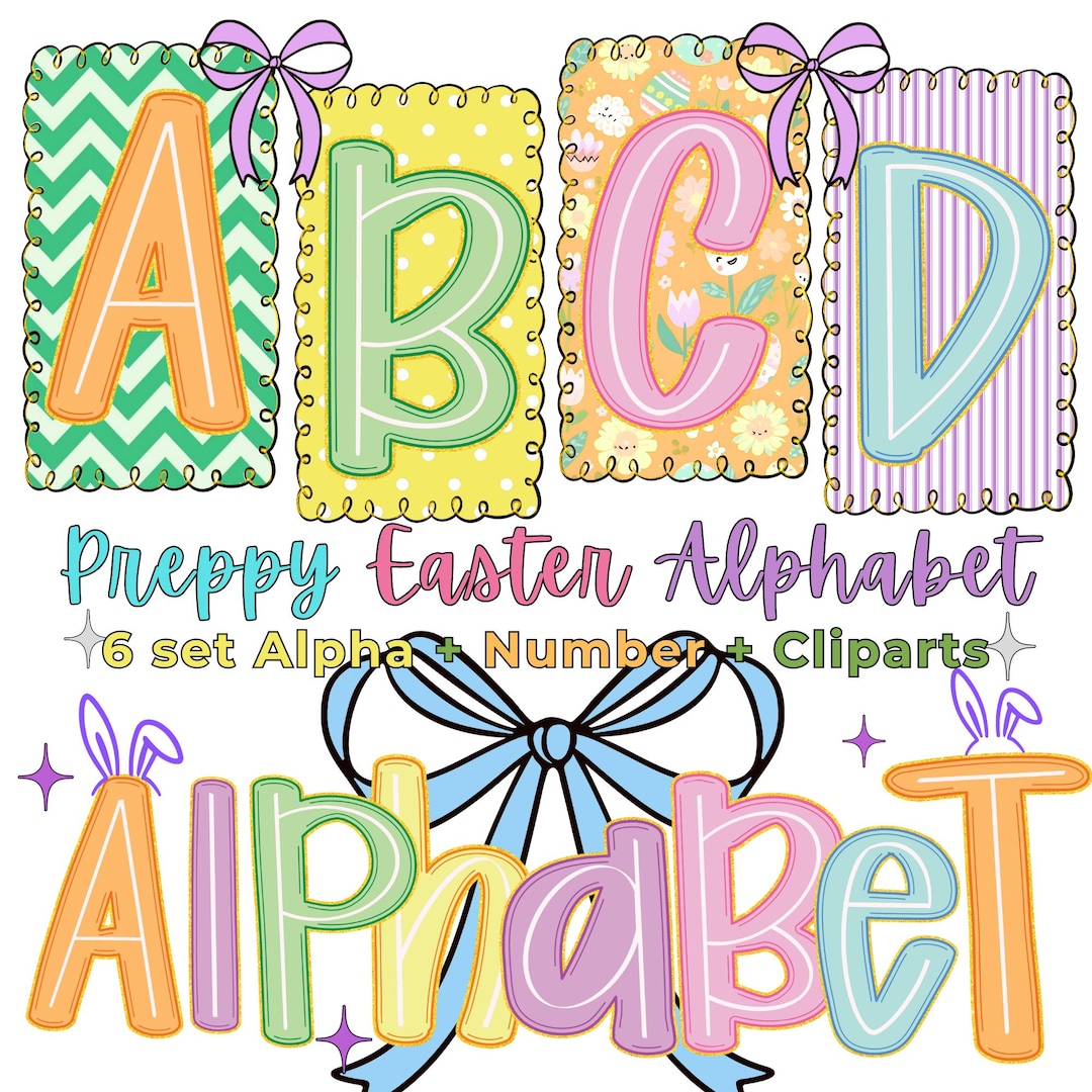 Preppy Easter Alphabet PNG Bundle, Pastel Easter Letters & Numbers ...