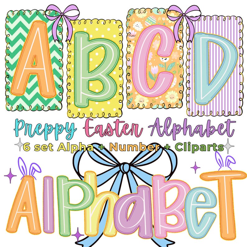 Preppy Easter Alphabet PNG Bundle, Pastel Easter Letters & Numbers ...