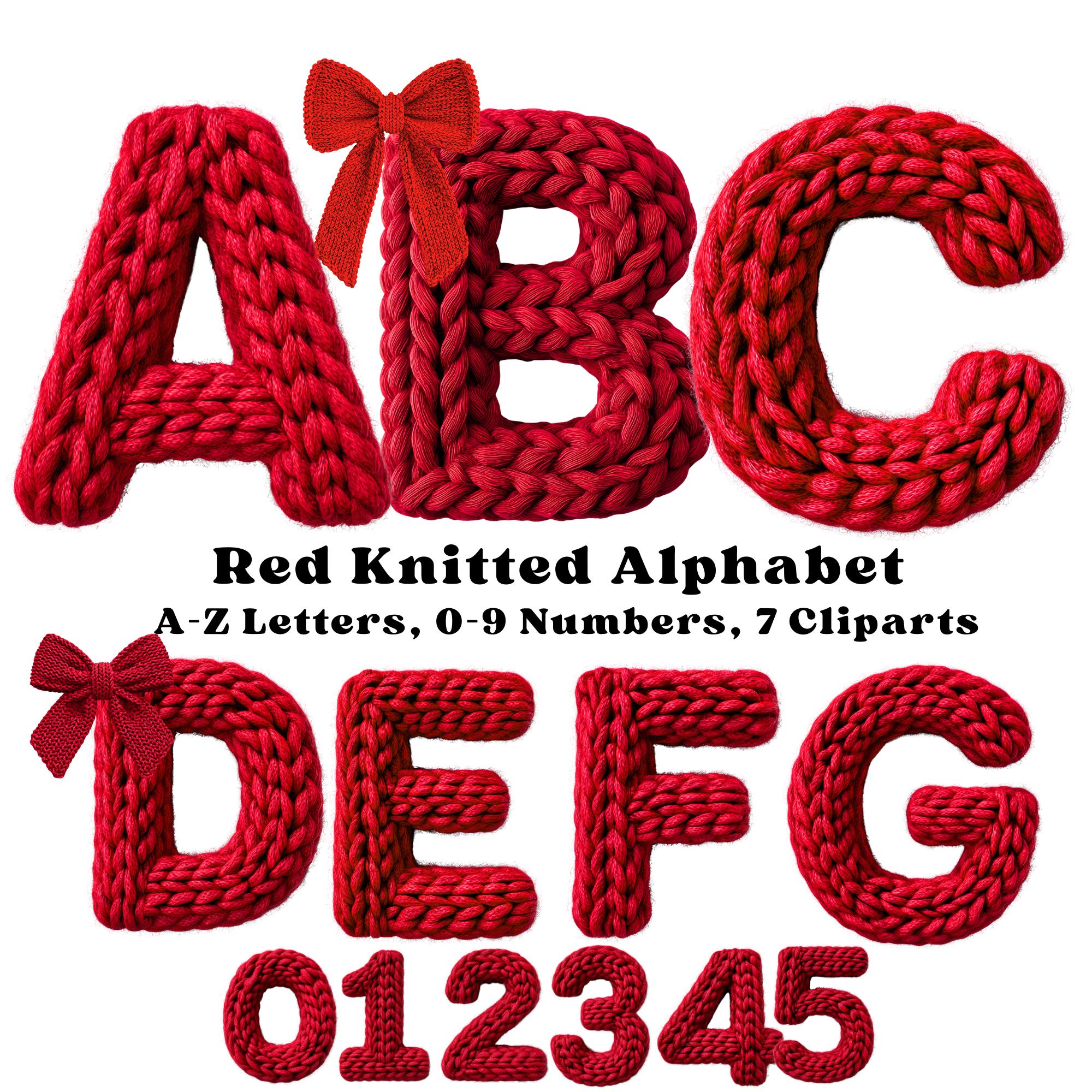 Red Knitted Alphabet Clipart, Cozy Yarn Letters A-Z & Numbers 0-9 ...