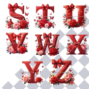 Floral Rose Alphabet PNG: Red Glitter Letters, Polka Dot Bow (digital ...