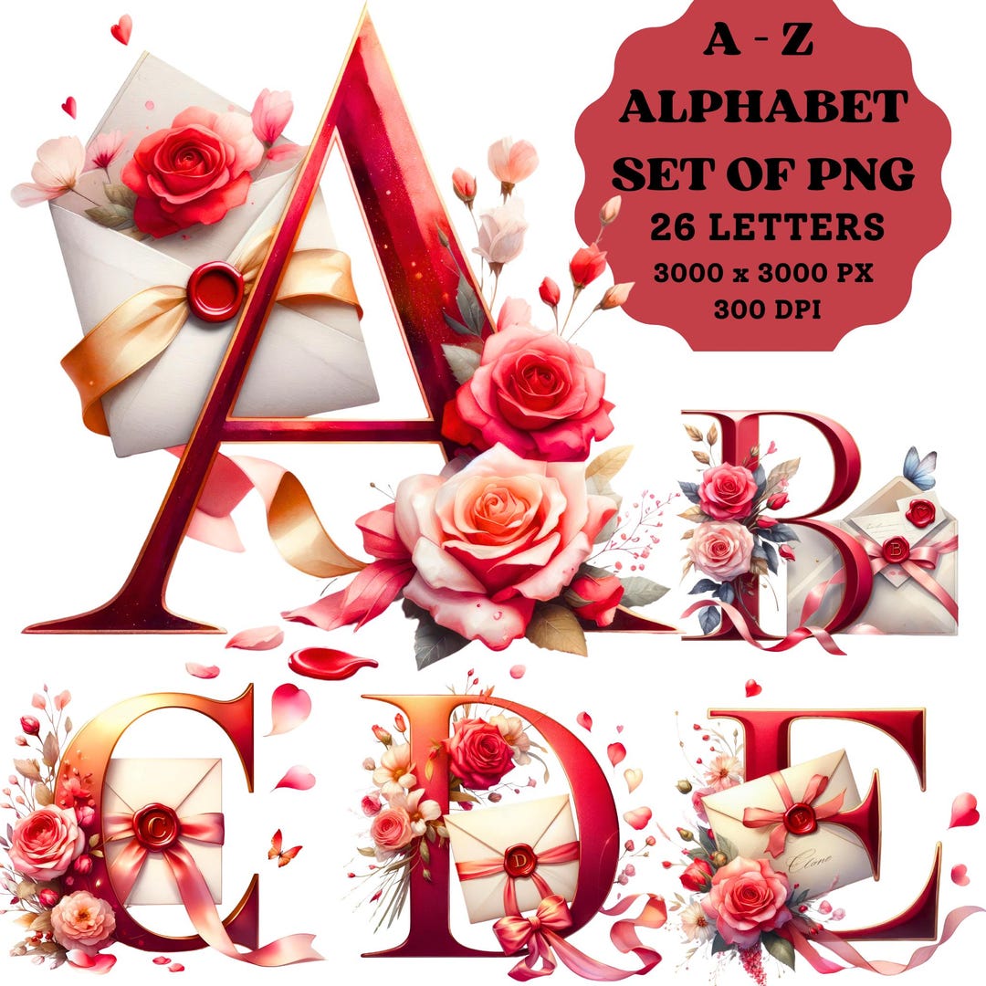 Valentines Floral Alphabet Clipart: Romantic Love Letters (PNG) - Etsy