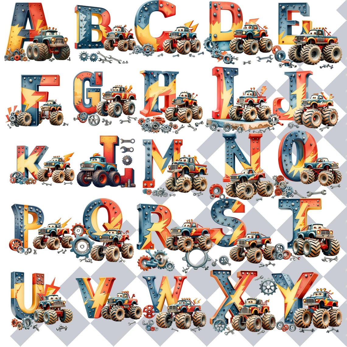 Monster Truck Alphabet PNG Bundle, Numbers Clipart, Boys Birthday ...
