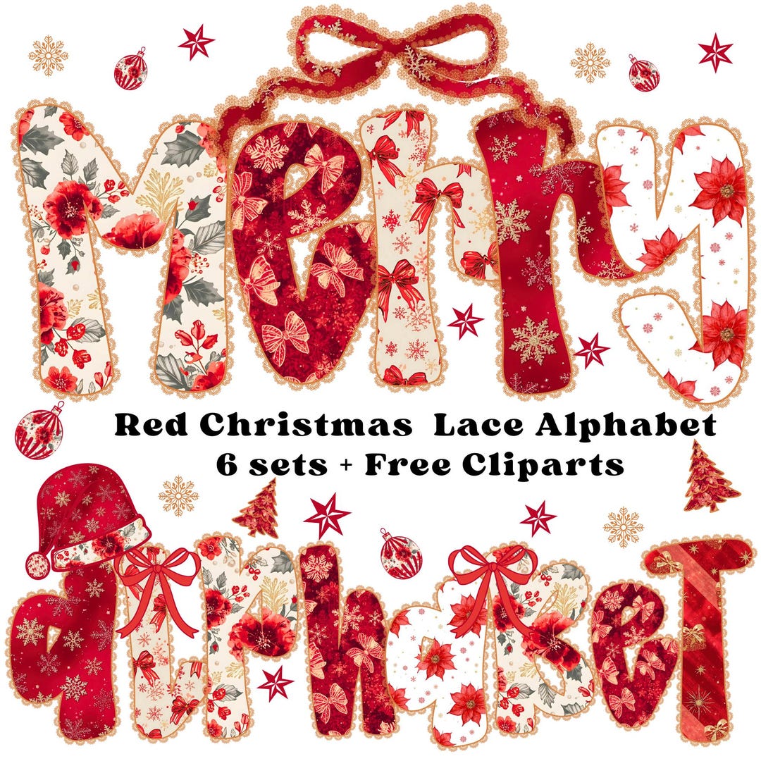 Red Christmas Lace Alphabet PNG Bundle, Christmas Alphabet PNG ...