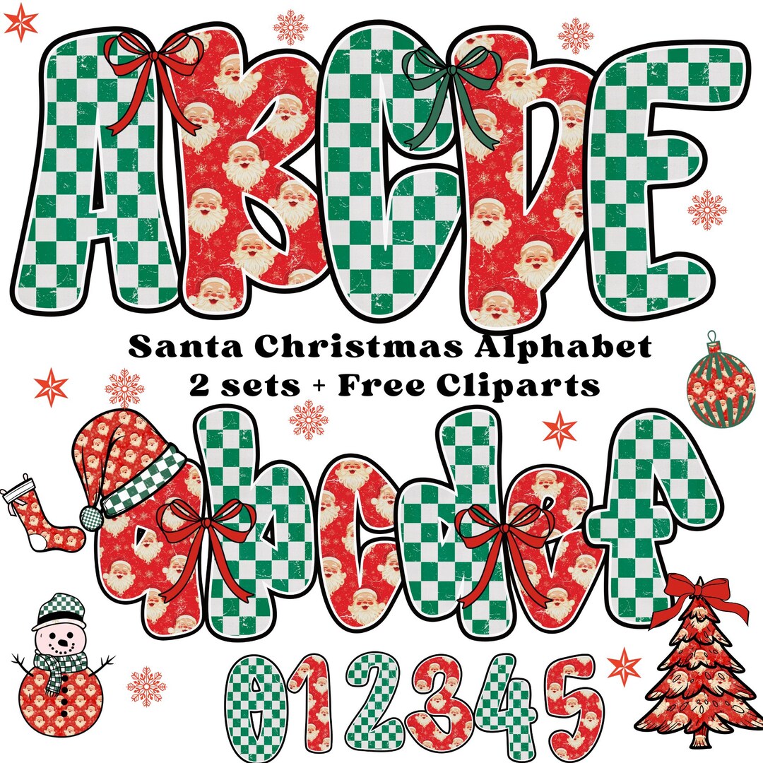 Santa Checkerboard Red Green Alphabet PNG Bundle, Retro Xmas Letters ...