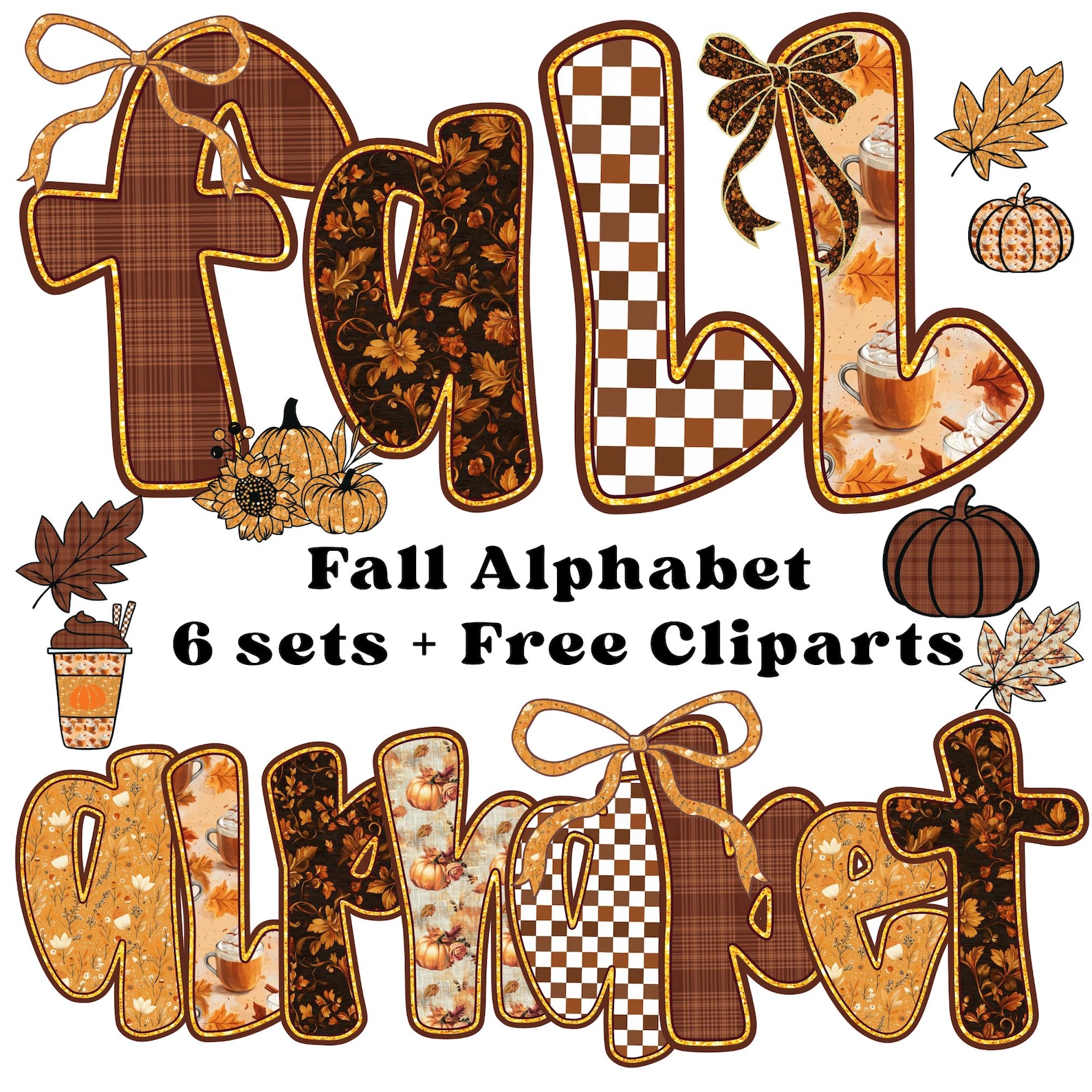 Fall Alphabet Bundle, 6 Fall Letter Sets + Bonus Cliparts, Autumn PNG ...