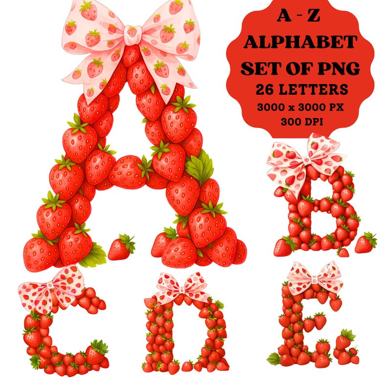 Strawberry Alphabet Clipart: Coquette Bow Letters (PNG Digital Download ...